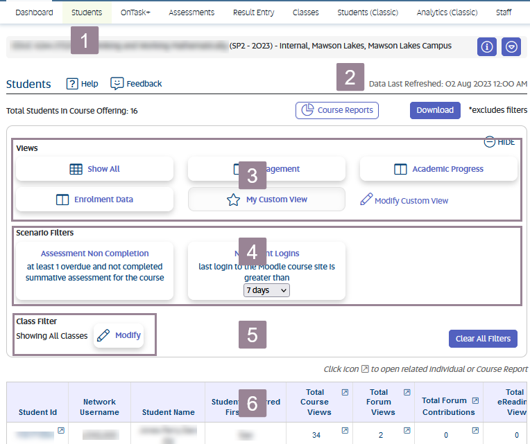 Teaching Dashboard: Student Course List